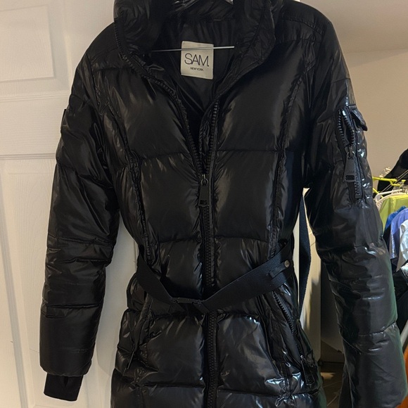 SAM. | Jackets & Coats | Sam Shiny Black Belted Puffer Coat | Poshmark